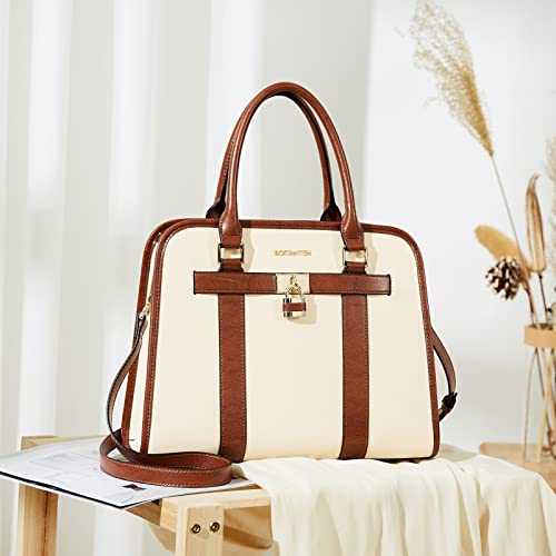 BOSTANTEN Women Leather Handbags Fashion Designer Purses Two Tone Satchel Top Handle Bags with Crossbody Strap,Beige