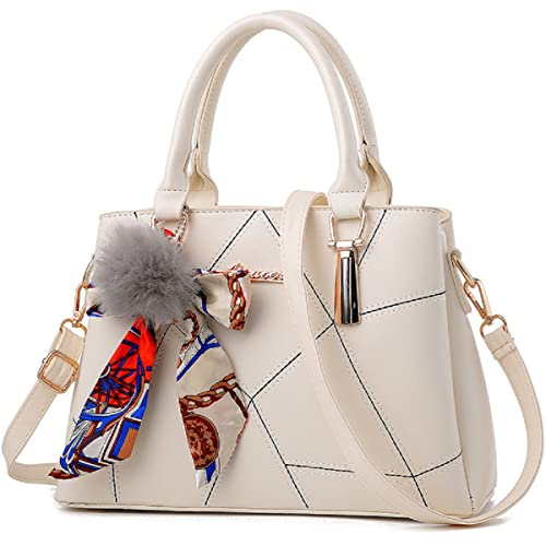 XingChen Womens Leather Handbags Purses Top-handle Totes Satchel Shoulder Bag for Ladies With Pompon and Bowknot White