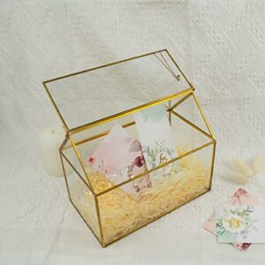 YIMORENCE V Gold Wedding Glass Card Box – Large Wedding Card Holder Gold Handmade Brass Vintage House Shape with Lid (House Gold)