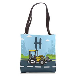 kids monogram construction loader letter h tote bag