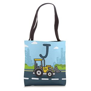 kids monogram construction loader letter j tote bag