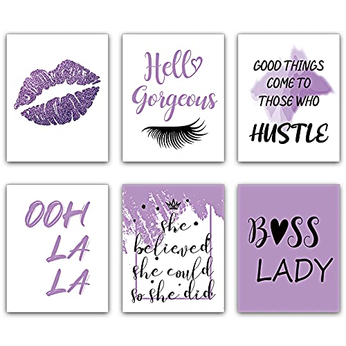 Clabby 6 Pieces Boss Lady Inspirational Wall Art, Motivational Saying Wall Poster, Typography Lady Art Print Wall Decor, Unframed Motivational Print for Women Bathroom Lash Room (Purple)