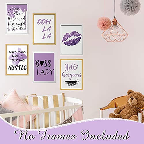 Clabby 6 Pieces Boss Lady Inspirational Wall Art, Motivational Saying Wall Poster, Typography Lady Art Print Wall Decor, Unframed Motivational Print for Women Bathroom Lash Room (Purple)