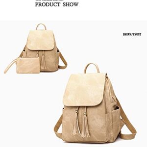 nice--buy Tassel Backpack PU Leather Shoulder Bag Women Fashion Backpack Casual Daypack Travel Lady Bag Crossbody Satchel Shoulder (Khaki)