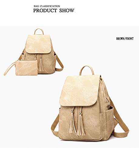 nice--buy Tassel Backpack PU Leather Shoulder Bag Women Fashion Backpack Casual Daypack Travel Lady Bag Crossbody Satchel Shoulder (Khaki)