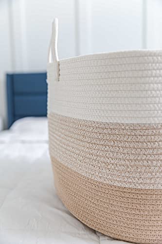 OrganiHaus Woven Baskets for Storage | Modern Boho Laundry Basket | Cotton Rope Blanket Basket for Living Room | Extra Large Storage Basket for Kids | Laundry Hamper & Blanket Holder - Honey (20x13)