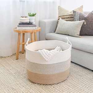 OrganiHaus Woven Baskets for Storage | Modern Boho Laundry Basket | Cotton Rope Blanket Basket for Living Room | Extra Large Storage Basket for Kids | Laundry Hamper & Blanket Holder - Honey (20x13)