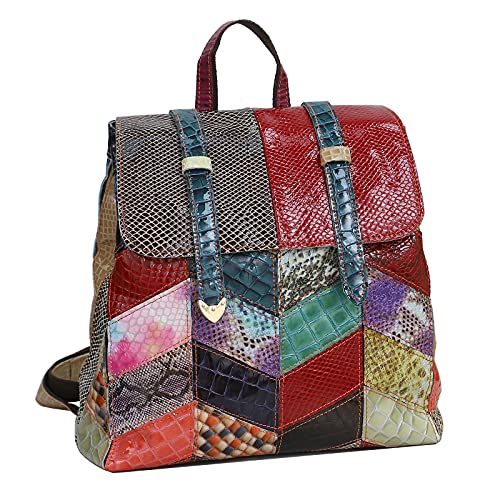 Segater Women Random Multicoloured Backpack Genuine Leather Shoulder Handbag Colorful Patchwork Purses Campus Travel Daypack