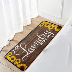 Laundry Room Rug Area Mat Non-Slip Sunflower and Wooden Board 1 Runner Rug Rubber Backing Floormat Runner, 39 x 20 Inch,Super Absorbent