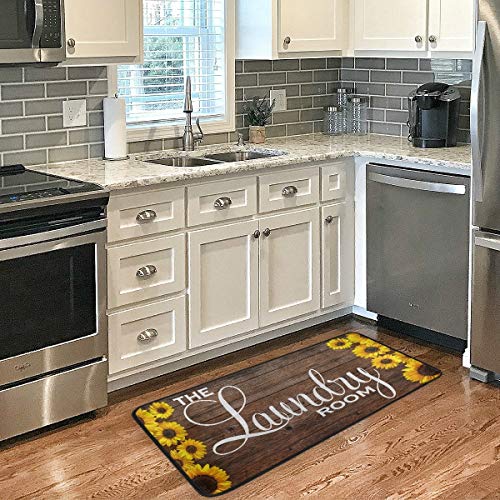 Laundry Room Rug Area Mat Non-Slip Sunflower and Wooden Board 1 Runner Rug Rubber Backing Floormat Runner, 39 x 20 Inch,Super Absorbent