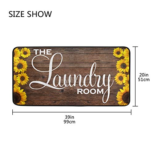 Laundry Room Rug Area Mat Non-Slip Sunflower and Wooden Board 1 Runner Rug Rubber Backing Floormat Runner, 39 x 20 Inch,Super Absorbent