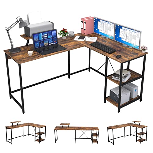 OUTFINE L Shaped Desk Corner Desk Double Computer Desk Home Office Gaming Workstation with Storage Shelves and Monitor Stand