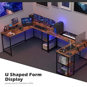 OUTFINE L Shaped Desk Corner Desk Double Computer Desk Home Office Gaming Workstation with Storage Shelves and Monitor Stand