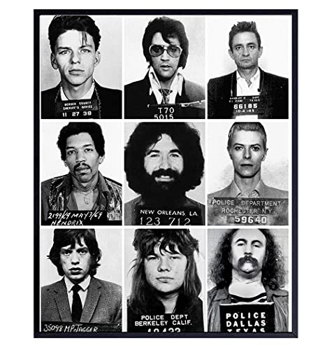 Musician Mugshot Bowie, Elvis, Johnny Cash, Jerry Garcia, Jimi Hendrix, Mick Jagger, Frank Sinatra, David Crosby, Janice Joplin Photo Wall Art - 8x10 Poster Print - Gift For Music Fans - Home Decor