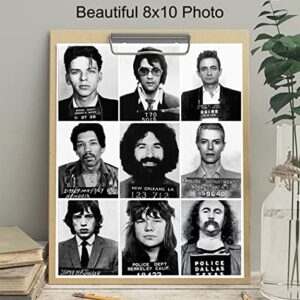 Musician Mugshot Bowie, Elvis, Johnny Cash, Jerry Garcia, Jimi Hendrix, Mick Jagger, Frank Sinatra, David Crosby, Janice Joplin Photo Wall Art - 8x10 Poster Print - Gift For Music Fans - Home Decor