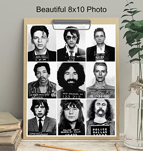 Musician Mugshot Bowie, Elvis, Johnny Cash, Jerry Garcia, Jimi Hendrix, Mick Jagger, Frank Sinatra, David Crosby, Janice Joplin Photo Wall Art - 8x10 Poster Print - Gift For Music Fans - Home Decor