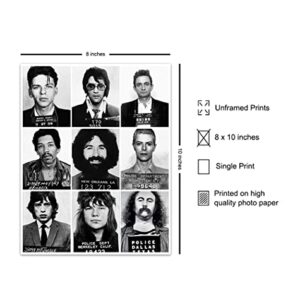 Musician Mugshot Bowie, Elvis, Johnny Cash, Jerry Garcia, Jimi Hendrix, Mick Jagger, Frank Sinatra, David Crosby, Janice Joplin Photo Wall Art - 8x10 Poster Print - Gift For Music Fans - Home Decor