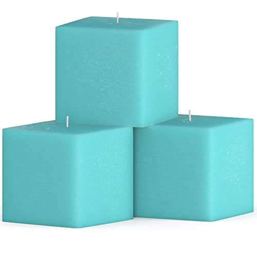 Candwax 3 inch Pillar Candles for Home Set of 3 pcs - Unscented and Long Lasting Candles Ideal for Wedding or Home Decor - Turquoise Square Candles