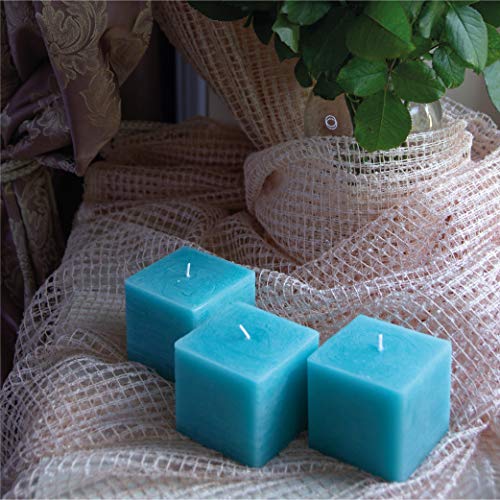 Candwax 3 inch Pillar Candles for Home Set of 3 pcs - Unscented and Long Lasting Candles Ideal for Wedding or Home Decor - Turquoise Square Candles