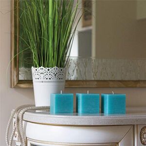 Candwax 3 inch Pillar Candles for Home Set of 3 pcs - Unscented and Long Lasting Candles Ideal for Wedding or Home Decor - Turquoise Square Candles