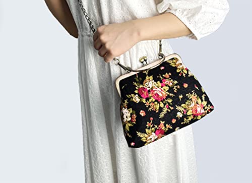 Abuyall Crossbody Tote Bag Floral Satchel Purse Handbag for Women Black-flower