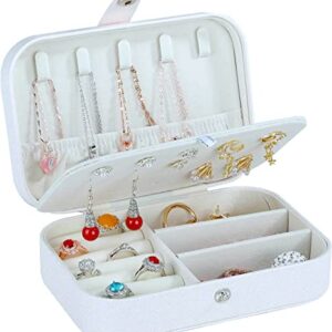 Travel Jewelry Organizer Box PU Leather Small Travel Case Portable Storage Holder Box for Earrings Necklaces Rings Bracelets (White)