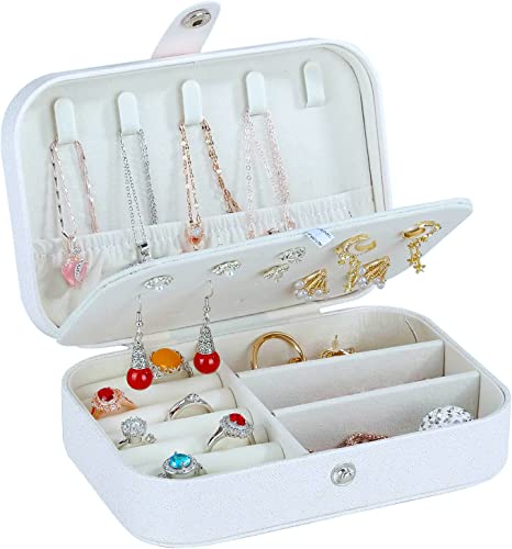 Travel Jewelry Organizer Box PU Leather Small Travel Case Portable Storage Holder Box for Earrings Necklaces Rings Bracelets (White)