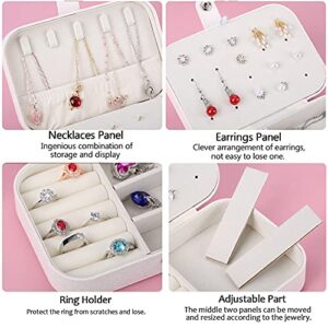 Travel Jewelry Organizer Box PU Leather Small Travel Case Portable Storage Holder Box for Earrings Necklaces Rings Bracelets (White)