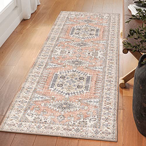 Valenrug Washable Runner Rug 2'6x8 - Ultra-Thin Antique Collection Area Rug, Stain Resistant Rugs for Living Room Bedroom, Distressed Persian Boho Rug(Peach/Yellowish, 2'6"x8')