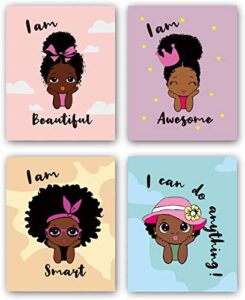 black girl wall art,motivational black girl wall art,african american girl art painting,inspirational black girl wall art,decor for girls bedroom,wall art for girls bedroom, set of 4 – no frame,8″x10″