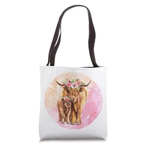 cute scottish highland cow calf for mom animal lover retro tote bag