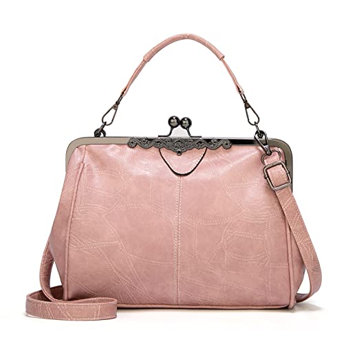 Women Kiss Lock Vintage Handbags for Women Oil Leather Evening Clutch Satchel Purse Tote, Pink