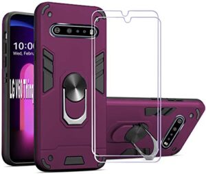 folmeikat lg v60 thinq/lg v60 thinq 5g/ lg g9 thinq case, screen protector [2pack] 360 degree rotating metal ring slim shock absorption reinforced corner soft tpu silicone case 6.8″ (wine red)