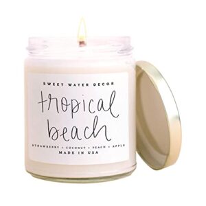 sweet water decor tropical beach candle | strawberry, coconut, peach, and vanilla tropical summer scented soy candles for home | 9oz clear jar, 40 hour burn time, made in the usa