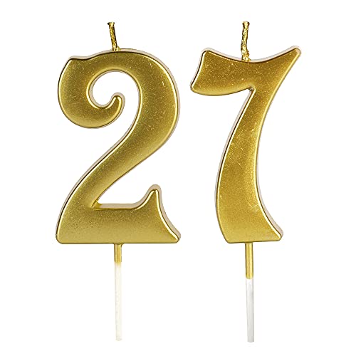 27th & 72nd Number Birthday Candles for Cake Topper, Number 72 27 Glitter Premium Candle Party Anniversary Celebration Decoration for Kids Women or Men, Gold