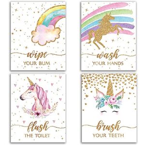 unicorn bathroom decor, funny unicorn themed bathroom inspirational quotes art print humorous quotes painting, toilet rules art picture for kids nursery washroom bathroom decor, set of 4 (8”x10”), unframed