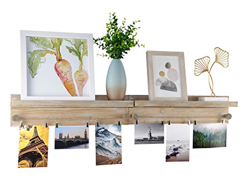 DUCIHBA Set of 2 Wall Mounted Picture Ledge Display Floating Shelves, Twine Cords with Metal Clips to Hanging Photos, Prints, Artwork for Nursery, Living, Bedroom, Rustic Torched Wood, Farmhouse Gray