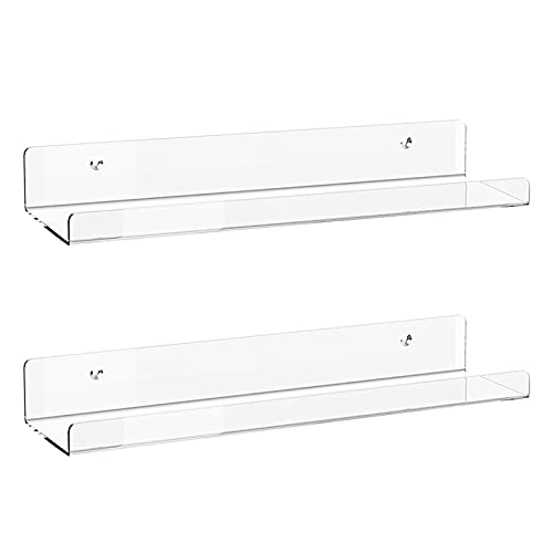 Acrylic Floating Shelves, 2 Pack of 15 inches Invisible Acrylic Floating Wall Ledge Shelf, Wall Mounted Nursery Kids Bookshelf, Spice Rack, Bathroom Storage Shelves for Cosmetics, Photos, Books, Spice