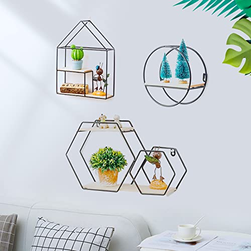 Floating Shelves Wall Mounted Hanging Hexagon Shelf Rustic Farmhouse Storage Shelves for Wall Decor,Modern Metal Bracket Wood Shelf for Bedroom Living Room Bathroom Kitchen and Office (House shape)