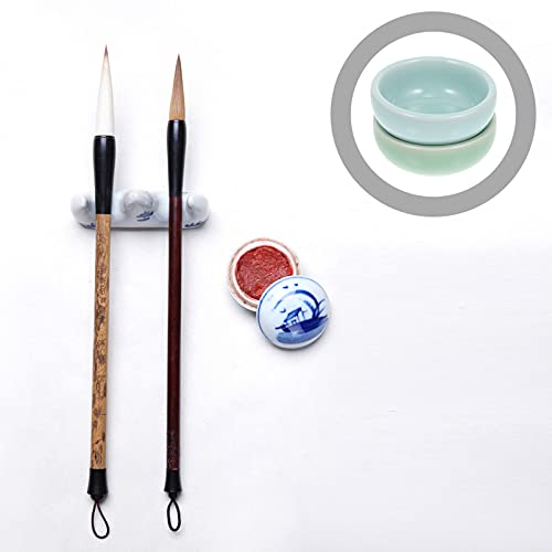 NUOBESTY 2Pcs Ceramic Ink Dish Pottery Porcelain Trinket Ring Candy Nesting Round Bowl Tray Salad Desert Plate Inkstone for Chinese Japanese Calligraphy Painting