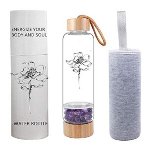 aitelei bamboo wellness crystal elixir infused gem water bottle, natural gemstone crystal water bottle quartz gravel gemstone healing glass, energy elixir water bottle 400ml