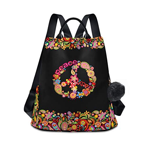 ALAZA Hippie Peace Sign Floral Backpack Purse for Women Anti Theft Fashion Back Pack Shoulder Bag