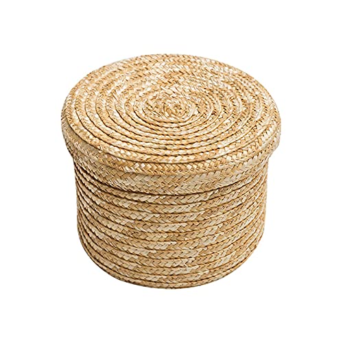 Zhuxin Woven Straw Storage Baskets with Lid, Rattan Snack Container Multipurpose Bins Laundry Toys Organizer Household Round Small, Diameter 16cm, Height 13cm