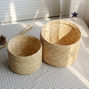 Zhuxin Woven Straw Storage Baskets with Lid, Rattan Snack Container Multipurpose Bins Laundry Toys Organizer Household Round Small, Diameter 16cm, Height 13cm