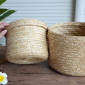 Zhuxin Woven Straw Storage Baskets with Lid, Rattan Snack Container Multipurpose Bins Laundry Toys Organizer Household Round Small, Diameter 16cm, Height 13cm