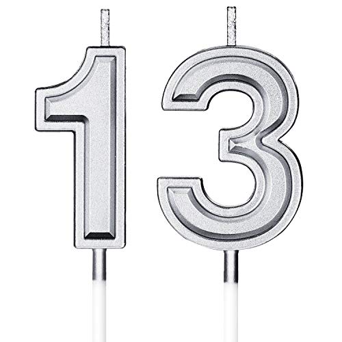 13th Birthday Candles Cake Numeral Candles Happy Birthday Cake Candles Topper Decoration for Birthday Wedding Anniversary Celebration Favor (Silver)