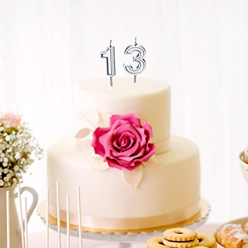 13th Birthday Candles Cake Numeral Candles Happy Birthday Cake Candles Topper Decoration for Birthday Wedding Anniversary Celebration Favor (Silver)