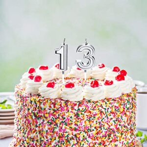 13th Birthday Candles Cake Numeral Candles Happy Birthday Cake Candles Topper Decoration for Birthday Wedding Anniversary Celebration Favor (Silver)