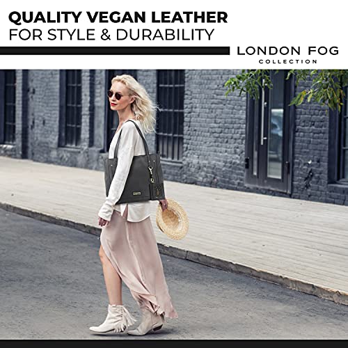 LONDON FOG QUENDI Tote Bag for Women, Vegan Leather Shoulder Bag with ID Wallet - Black