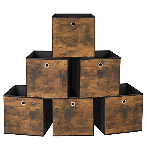 SONGMICS Storage Cubes, 12-Inch Fabric Bins, Set of 6, Closet Organizers for Shelves, Foldable, Oxford Fabric and Non-Woven Fabric Boxes for Clothes, Rustic Brown and Black URFB102B01